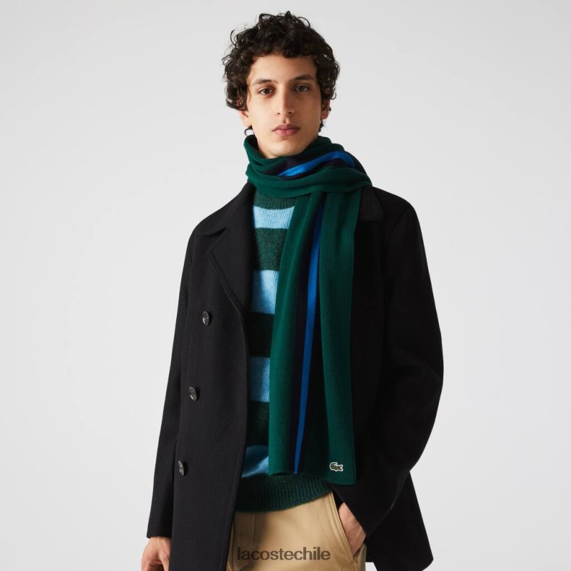 Lacoste hombres bufanda deportiva de lana a rayas verde/azul marino ...