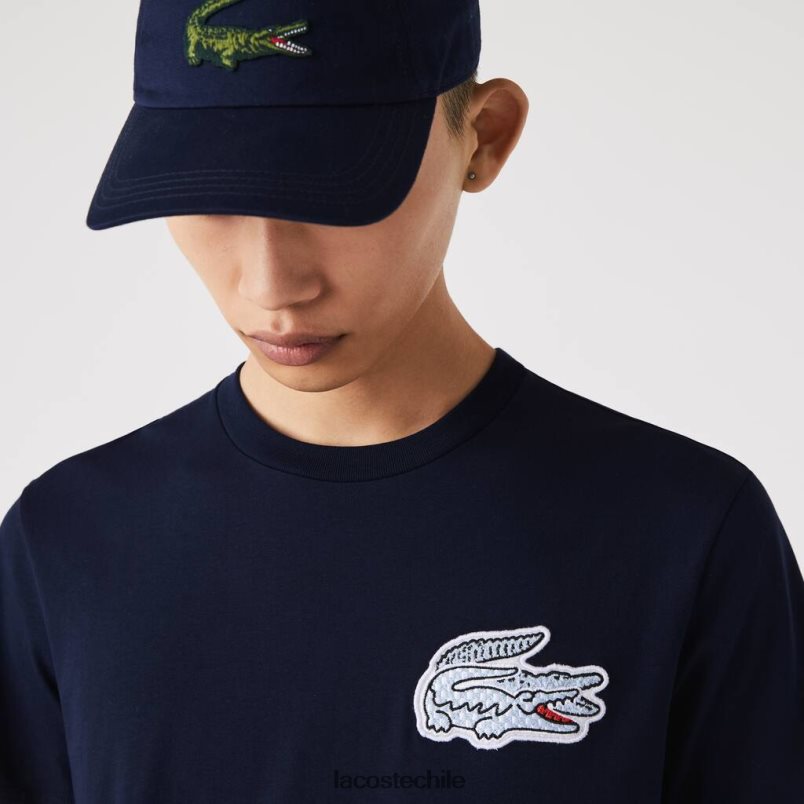 Lacoste hombres camiseta de algodón con cuello redondo y insignia de cocodrilo tradicional Azul ...