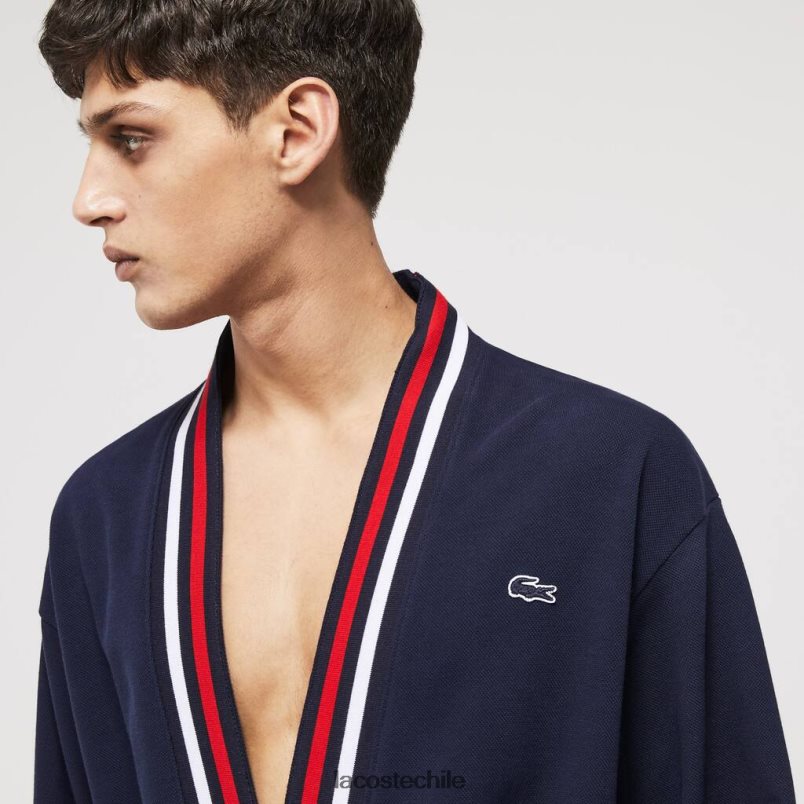 Lacoste hombres bata de piqué de algodón con banda tricolor Azul marino ...