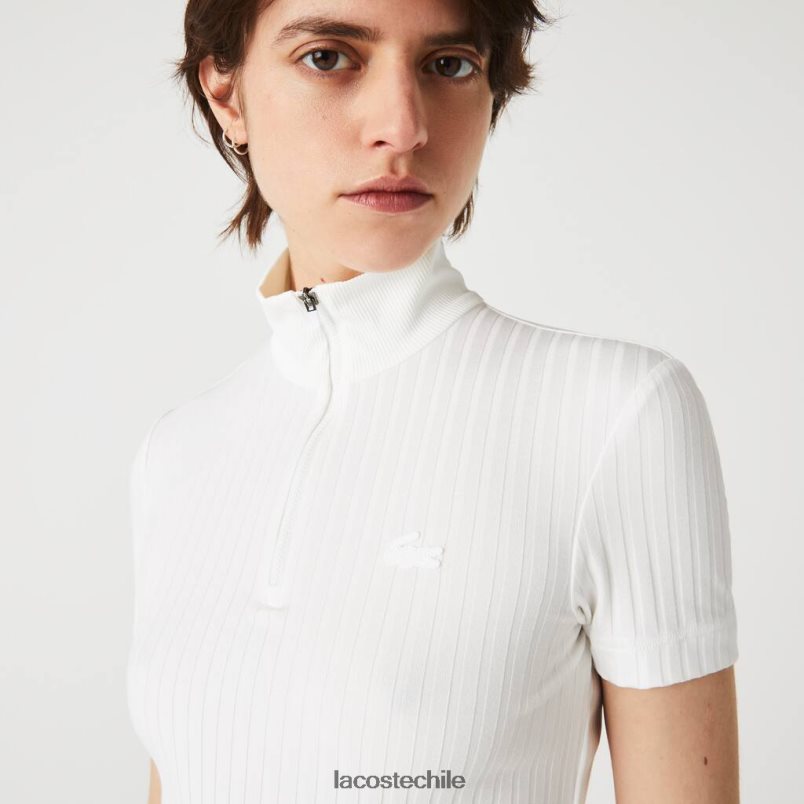 Lacoste mujer polo de canalé de corte slim con cuello alto y cremallera blanco ropa JVF2BL2524 ...